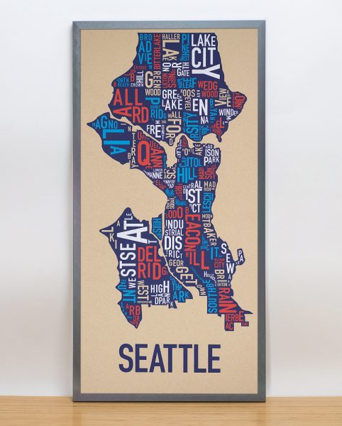 Seattle Neighborhood Map 13" x 26" Multi-Color Screenprint