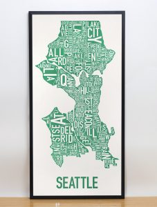 Seattle Neighborhood Map 16" x 32" Emerald City Green Poster