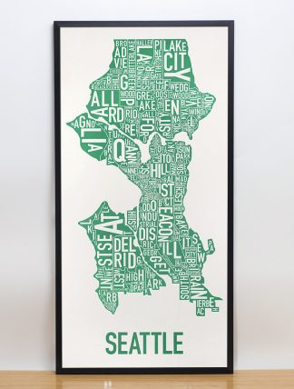 Seattle Neighborhood Map 16" x 32" Emerald City Green Poster