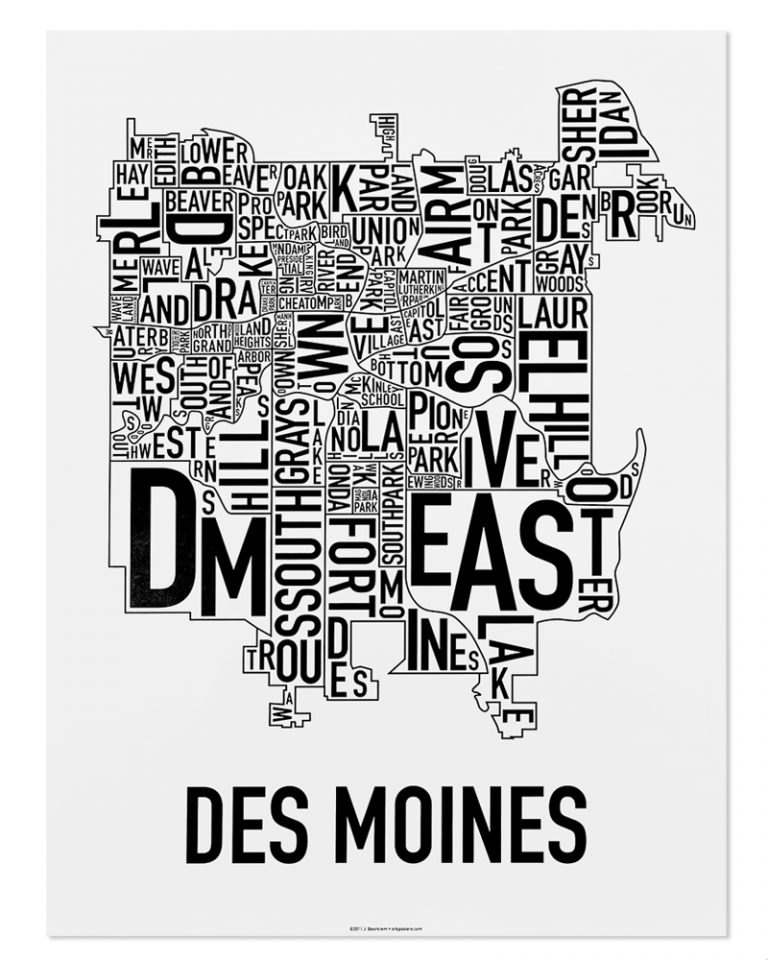 Des Moines Neighborhood Map 18" x 24" Black and White Poster