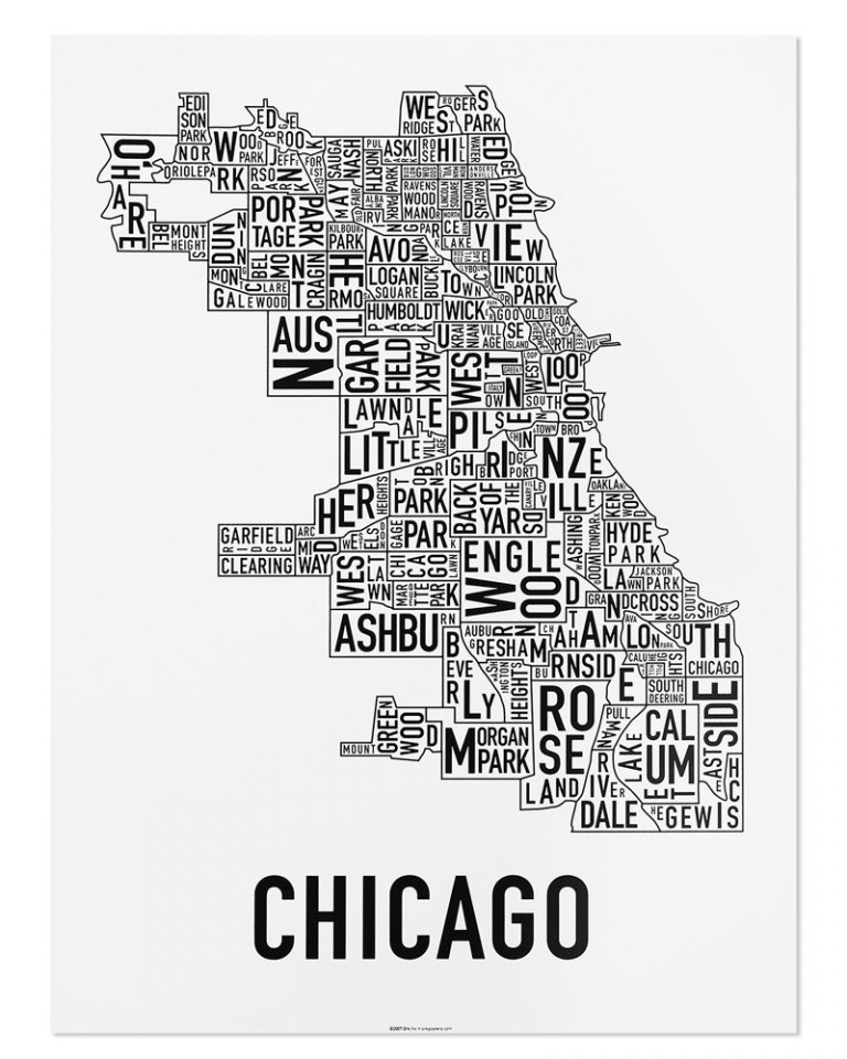 Chicago Neighborhood Map 18" x 24" Classic Black & White Poster