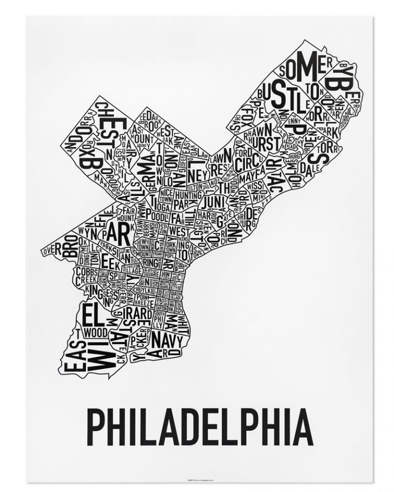Philadelphia Neighborhood Map 18" x 24" Classic Black & White Poster