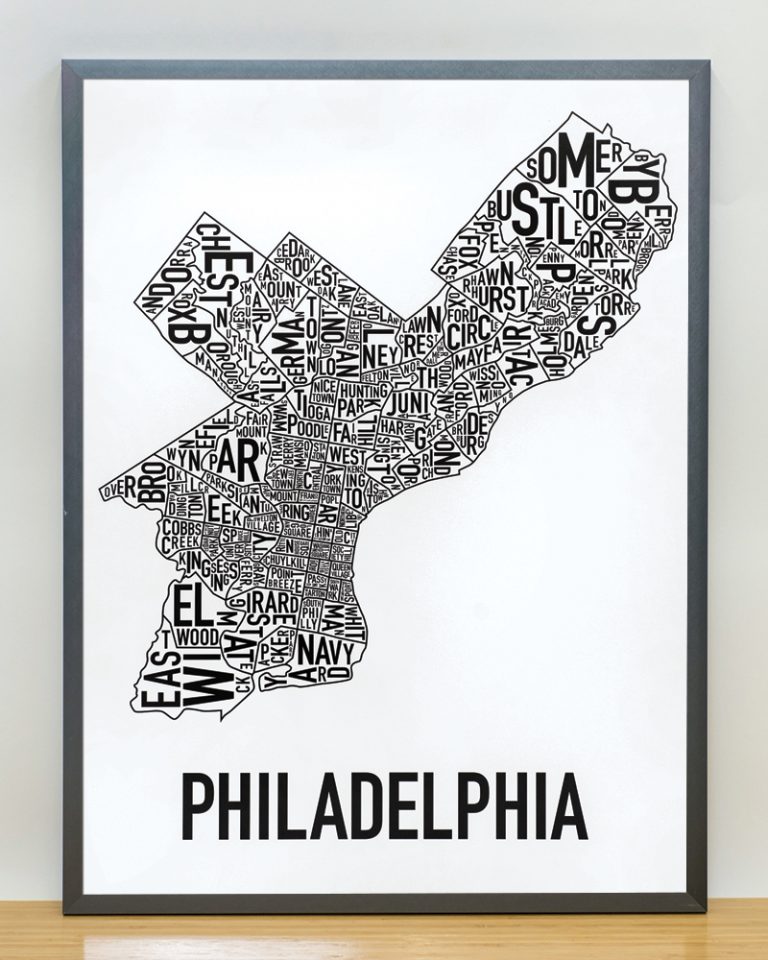 Philadelphia Neighborhood Map 18" x 24" Classic Black & White Poster