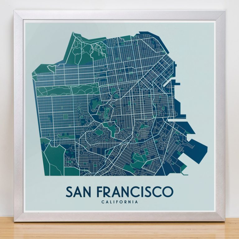San Francisco Street Map 12.5" x 12.5" Aqua & Teal Print