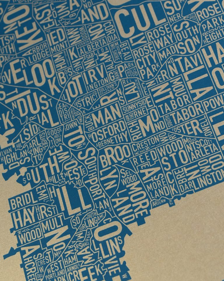 Portland Neighborhood Map 12.5" x 12.5" Gold & Blue Screenprint