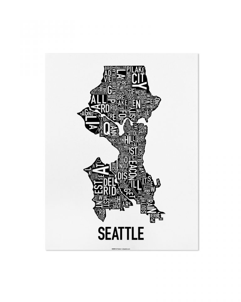 Seattle Neighborhood Map 11" x 14" Classic Black & White Poster