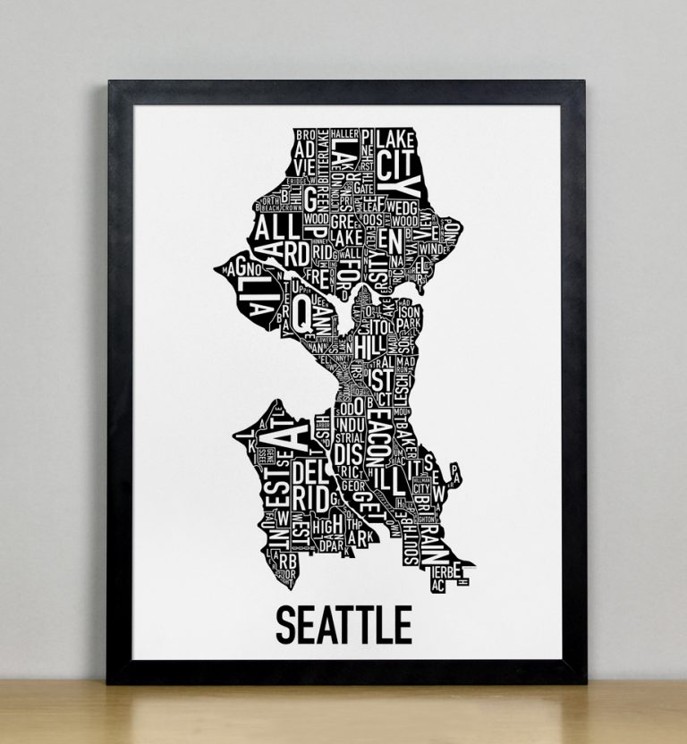 Seattle Neighborhood Map 11" x 14" Classic Black & White Poster