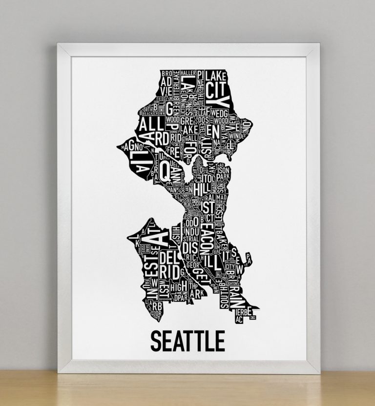 Seattle Neighborhood Map 11" x 14" Classic Black & White Poster