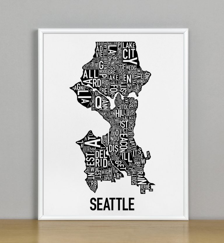 Seattle Neighborhood Map 11" x 14" Classic Black & White Poster