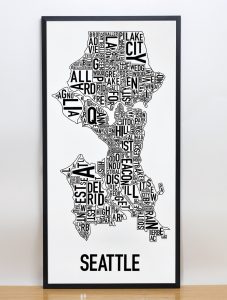 Seattle Neighborhood Map 16" x 32" Classic Black & White Poster