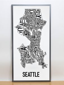 Seattle Neighborhood Map 16" x 32" Classic Black & White Poster