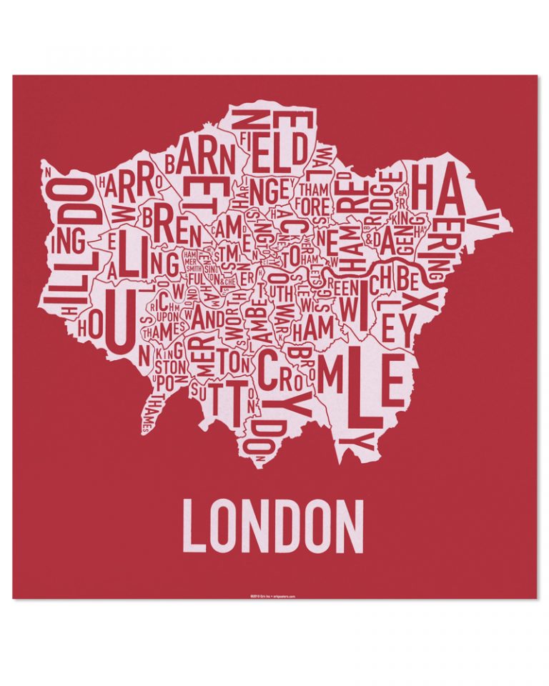 Greater London Borough Map 20" x 20" Britain's Red Screenprint